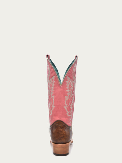 A4459 - WOMEN'S PINK GOAT EMBROIDERY BROWN SQUARE TOE COWBOY BOOT