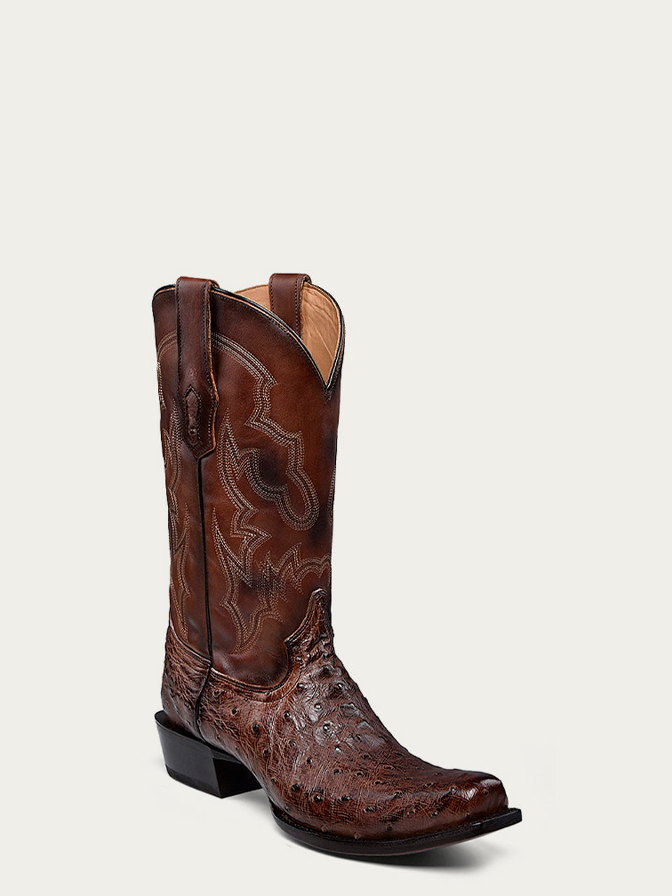 A4548 - MEN'S EMBROIDERY AND OSTRICH BROWN NARROW SQUARE TOE COWBOY BO ...