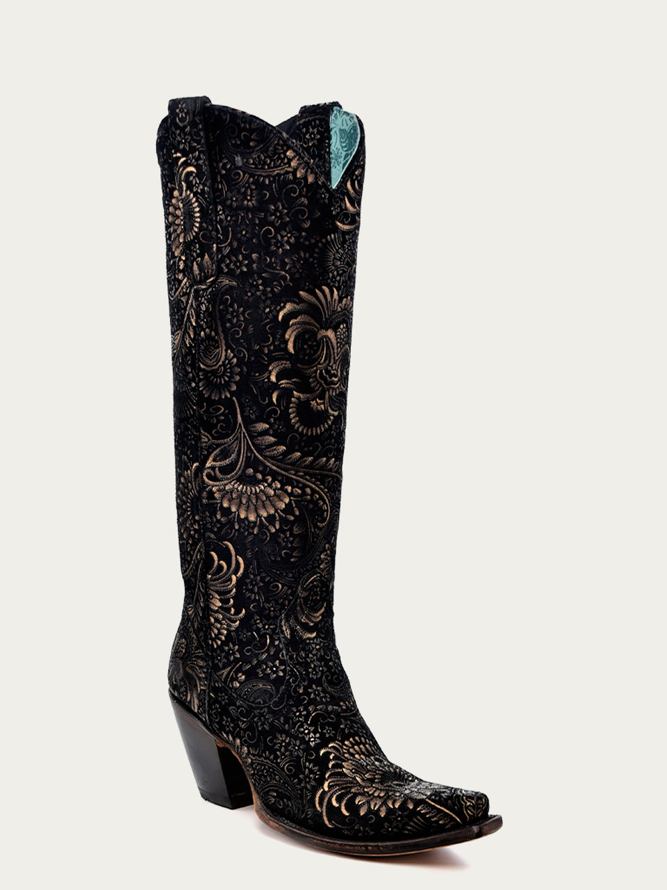 floral gold stamped black suede tall top women's boots A4481 – Corral ...