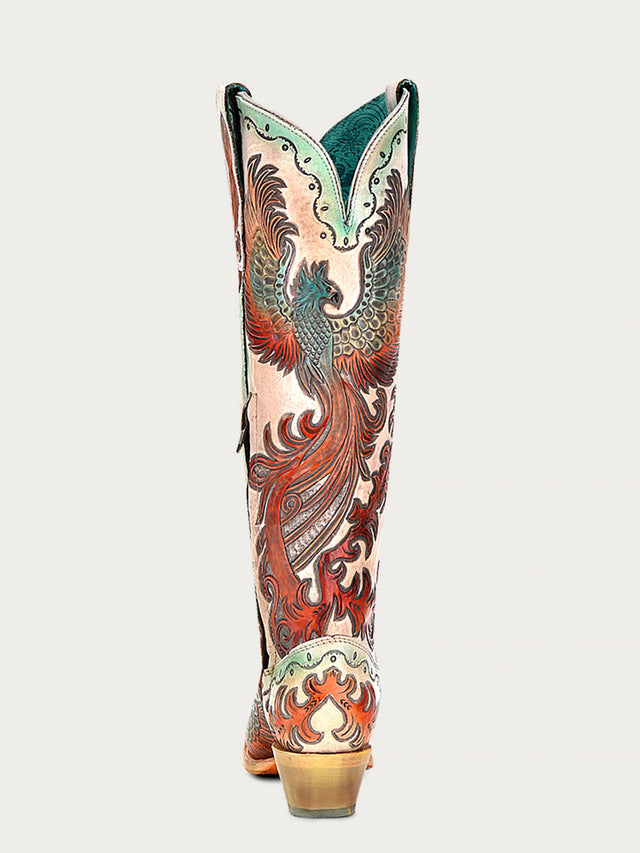 A4516 - WOMEN'S HAND PAINTED AND TOOLED FIRE PHOENIX WHITE TALL TOP SN – Corral Boot Company LLC